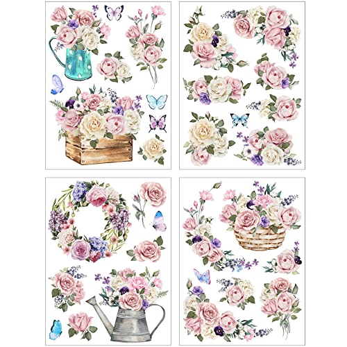 4 Sheets Rub on Transfers 16 x 12 Inches Sunflower Rose Eucalyptus Furniture Rub on Transfers Stickers for Crafts Wood Furniture Fabric Journal Envelope Scrapbooking (Rose Style)