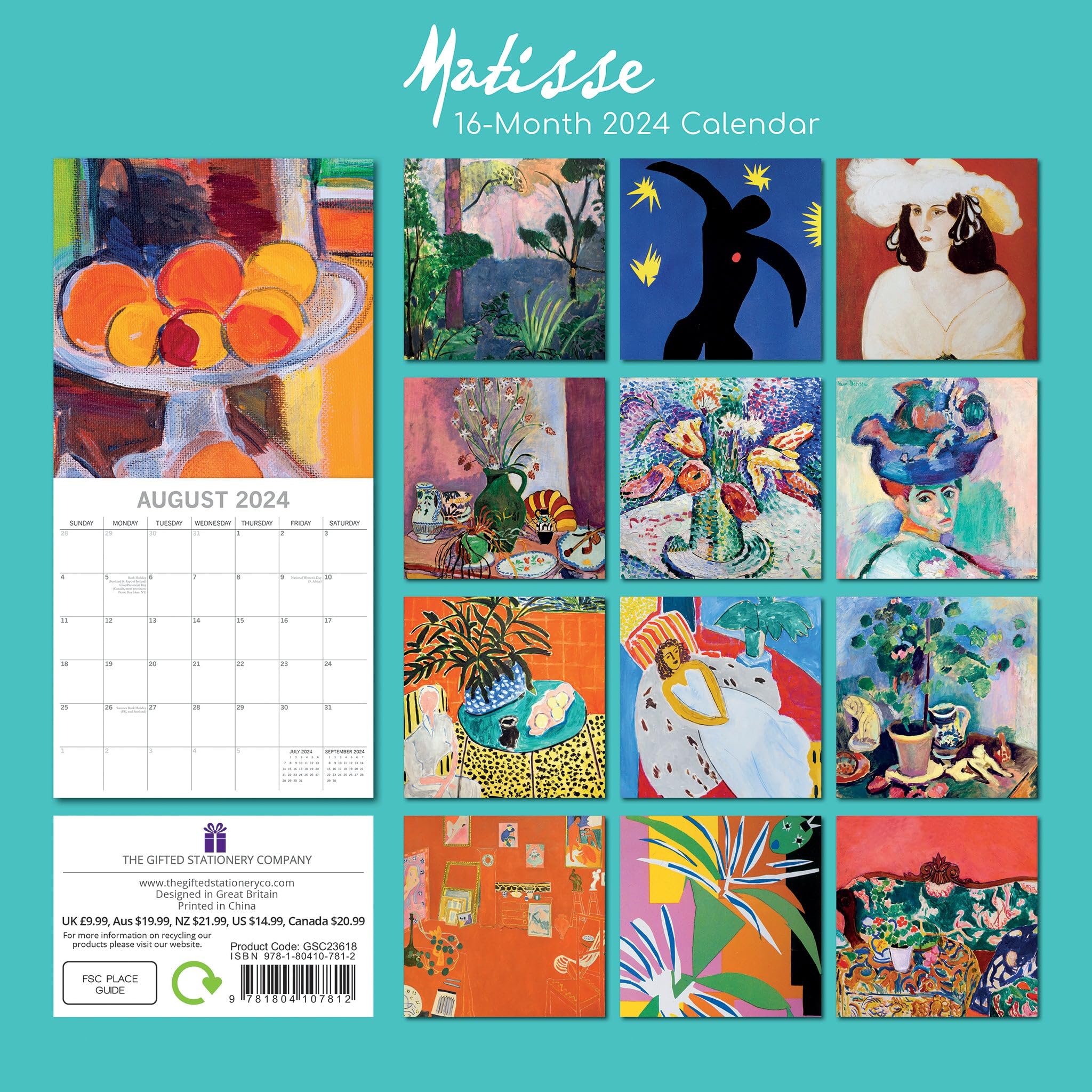 2024 Square Wall Calendar - Matisse 12 x 12 Inch Monthly View, 16-Month, Art Theme, Includes 180 Reminder Stickers