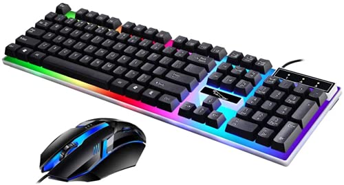 Rainbow Gaming Keyboard Mouse Combo Wired, Backlit Mechanical Keyboard LED 104 Keys USB Mechanical Gaming Keyboard for Computer PC Gamer (Black)