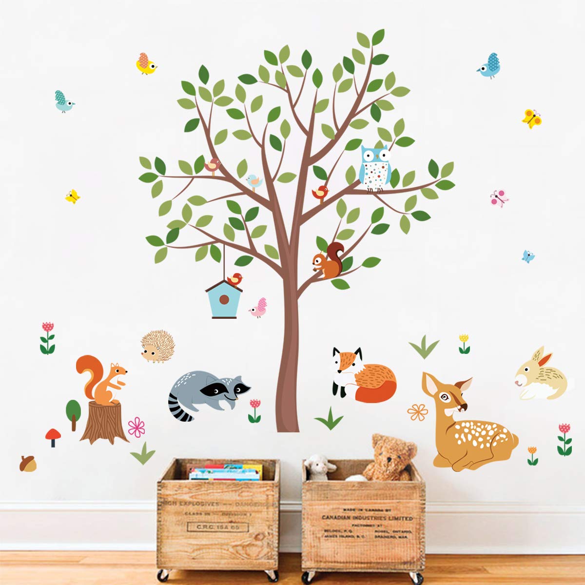 decalmile Forest Animals Tree Wall Decals Deer Squirrel Owl Wall Stickers Baby Nursery Kids Bedroom Playroom Wall Decor(Tree H: 31"))