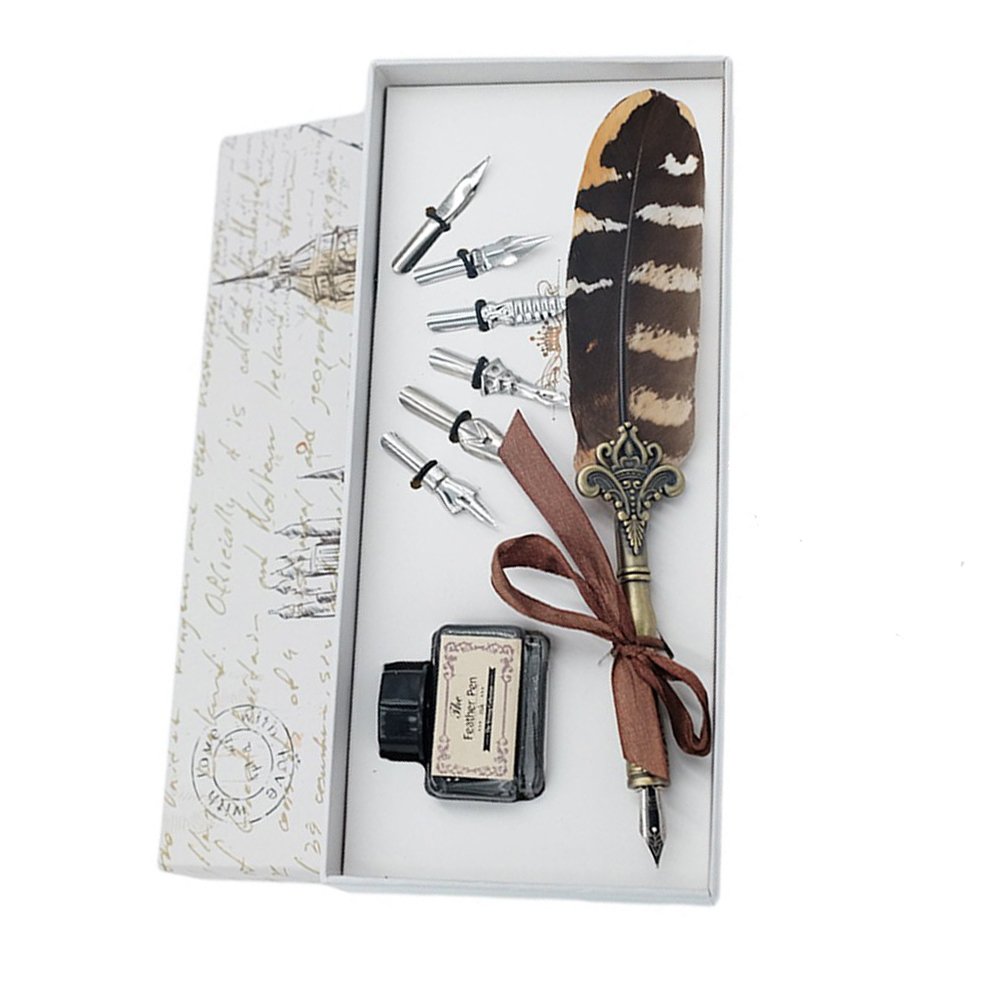 Calligraphy Pen Set Writing Quill Pen 6 Nibs and Ink,Antique Dip Feather Pen Gift Set for Beginners Birthday Gift,Beautiful Vintage Signature Pen
