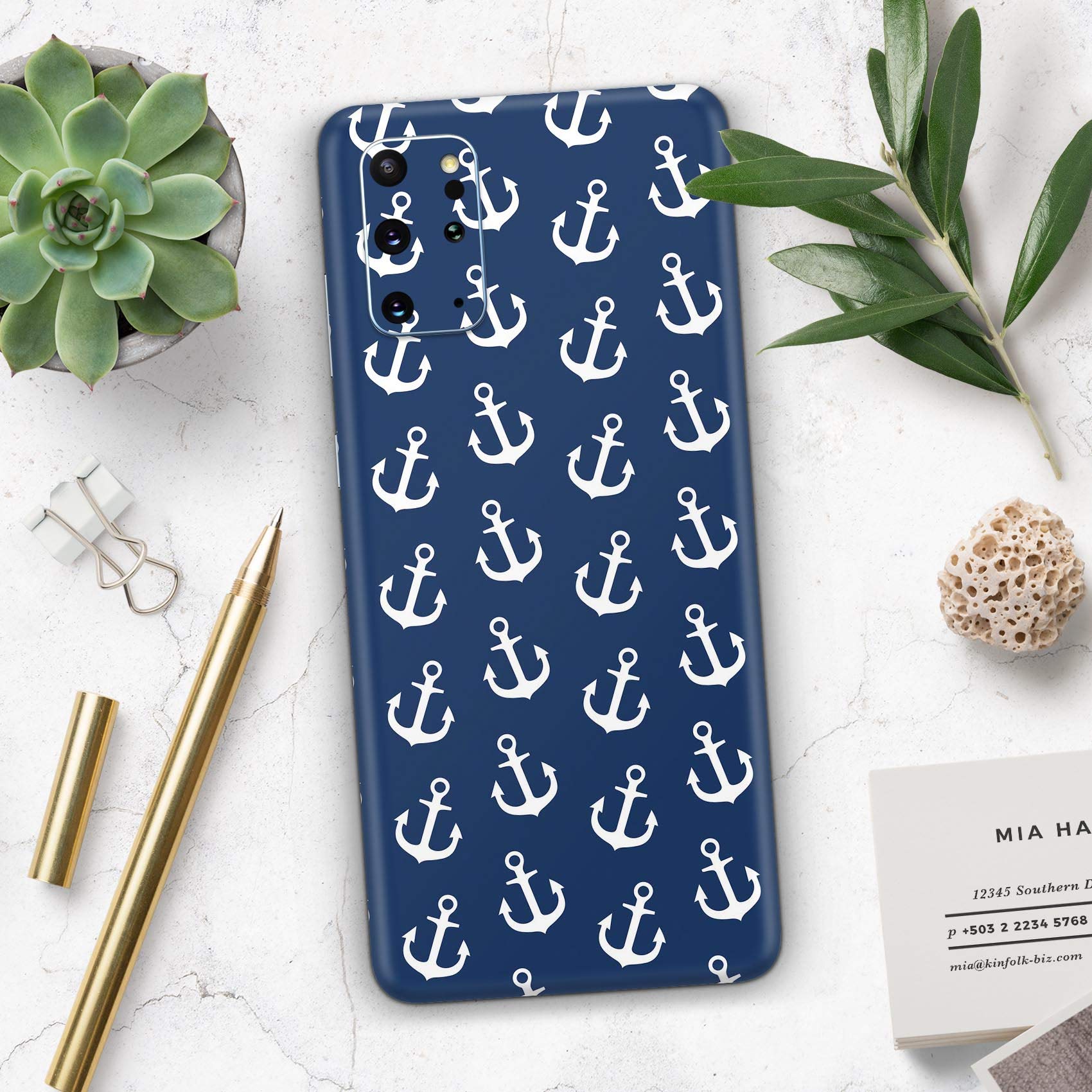 DesignSkinz Navy and White Micro Anchors Protective Vinyl Decal Wrap Skin Cover Compatible with The Samsung Galaxy S20 (Screen Trim & Back Glass Skin)