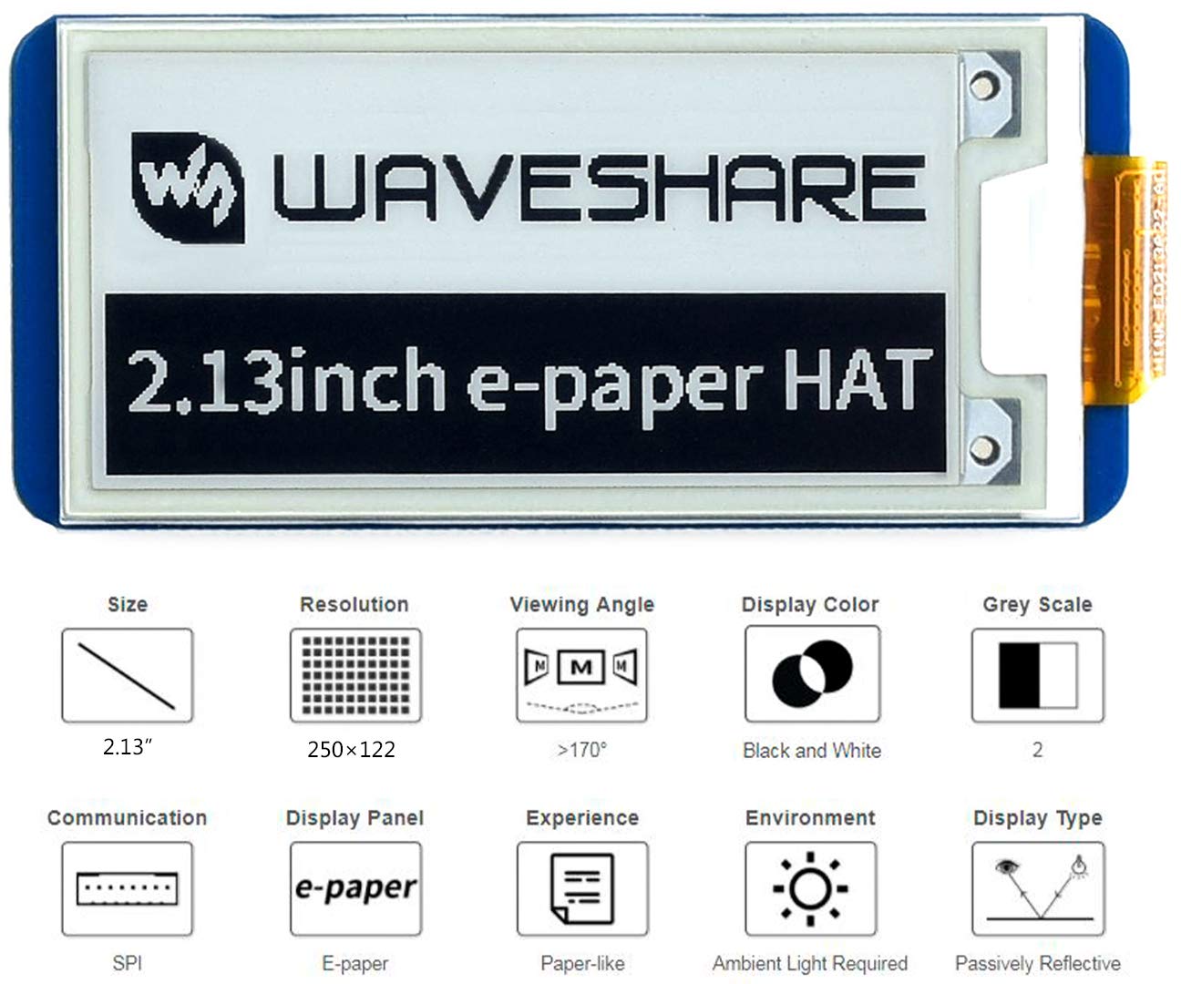 2.13inch E-Ink Display HAT V4 Version, Black/White Two-Color 250x122 Pixel E-Paper Module for Raspberry Pi 5/ 4B/3B+/3B/2B/A+/Zero W/WH/Zero 2 W/Jetson Nano SPI Interface, Support Partial Refresh