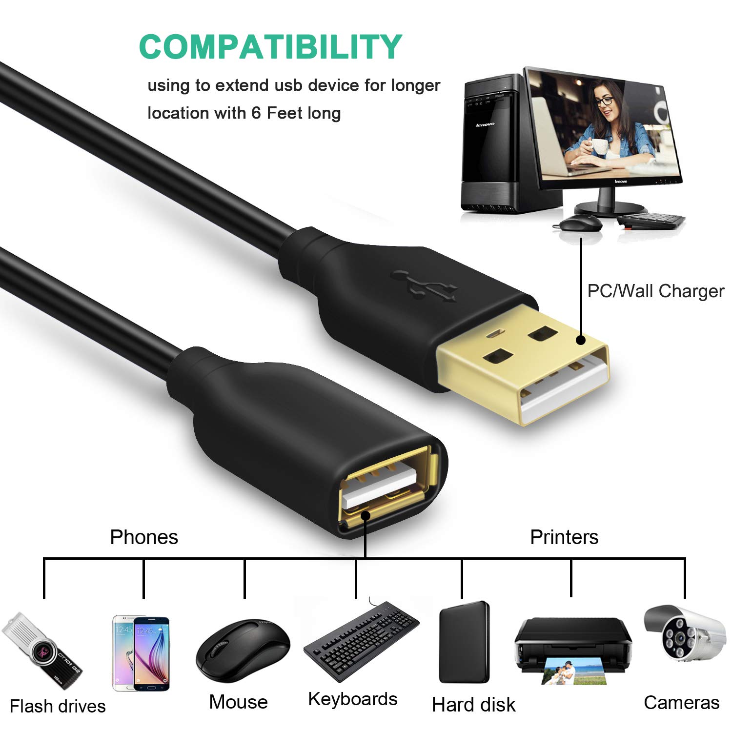 Besgoods USB Extension Cable, 2-Pack USB 2.0 6ft USB to USB Extension Cable Extender Cord - A Male to A Female USB Extension Cord with Gold-Plated Connector – Black