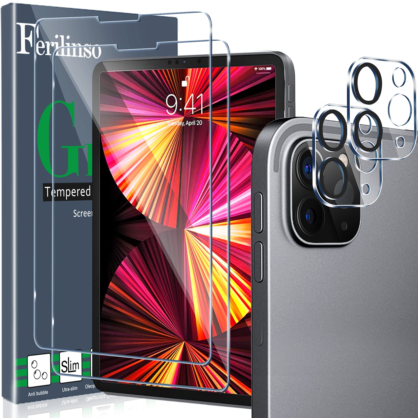 Ferilinso Designed for iPad Pro 11 Inch Screen Protector Accessories 2022 2021 2020 2nd 3rd 4th Generation 2 Pack Tempered Glass with 2 Pack Camera Lens Protector Suitable for Apple Pencil Face ID