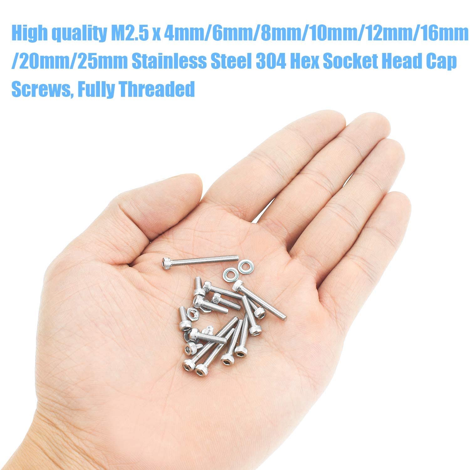 DYWISHKEY 360 Pieces M2.5 x 4mm/6mm/8mm/10mm/12mm/16mm/20mm/25mm, Stainless Steel 304 Hex Socket Head Cap Bolts Screws Washers Nuts Kit with Hex Wrench
