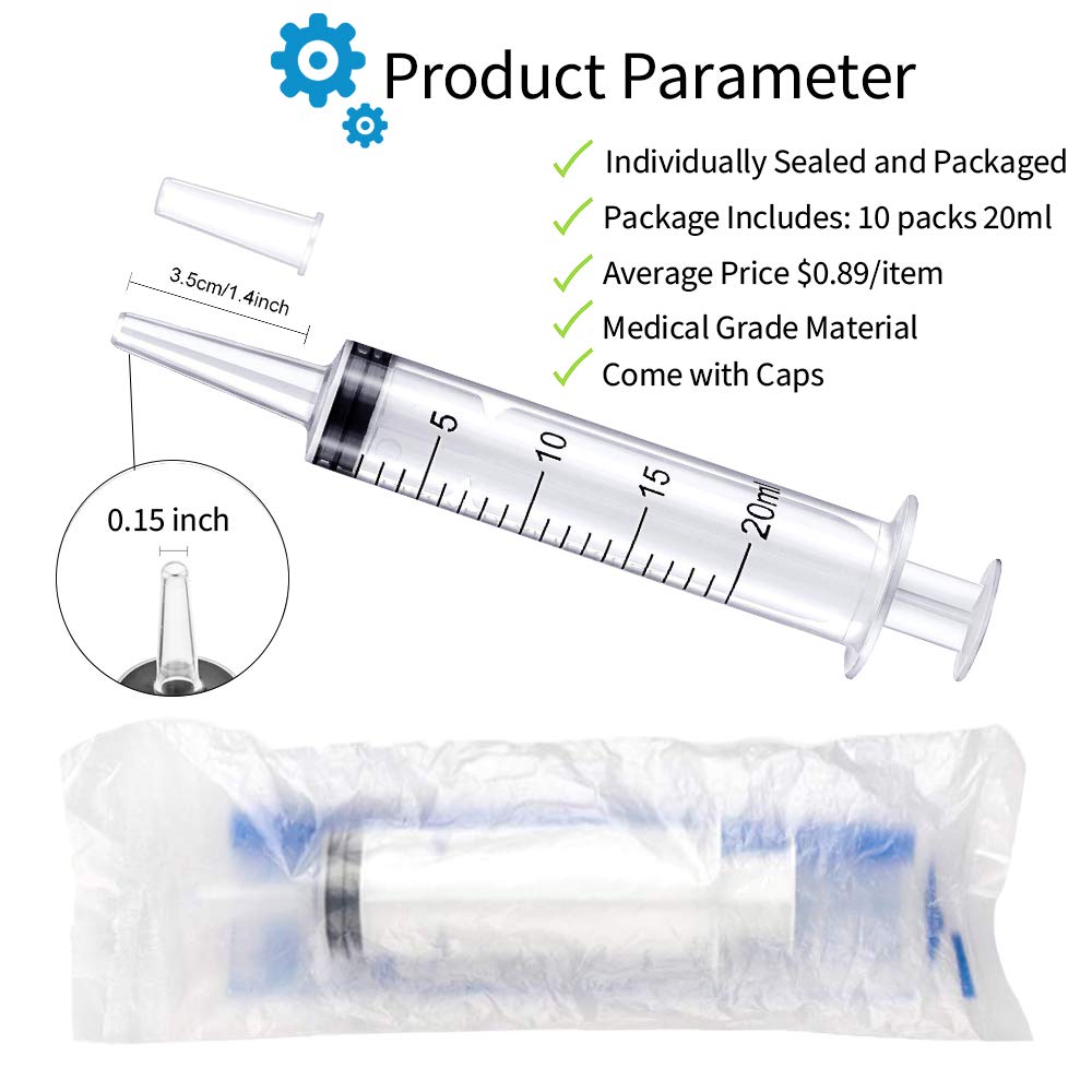 50 Pack 20mL Syringe Catheter Tip with Covers, Large Plastic Syringes for Jello Shots Syringe Party, Liquid, Oral, Feeding Pet, Food, Dispensing- Individually Sterilized Sealed