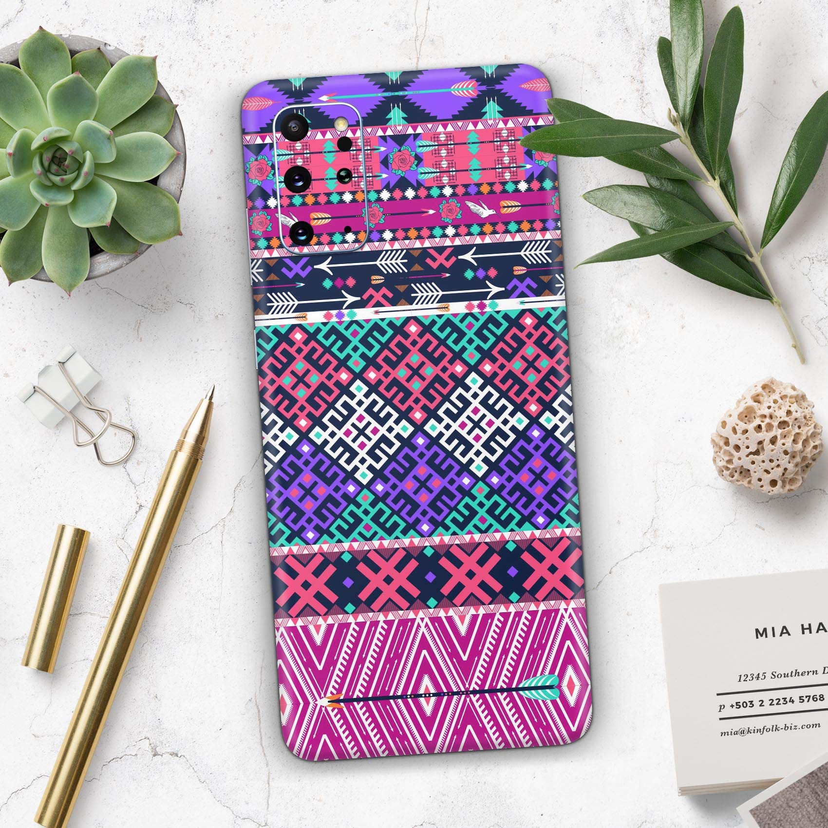 DesignSkinz Pink & Teal Modern Colored Aztec Pattern Protective Vinyl Decal Wrap Skin Cover Compatible with The Samsung Galaxy S20 (Screen Trim & Back Glass Skin)
