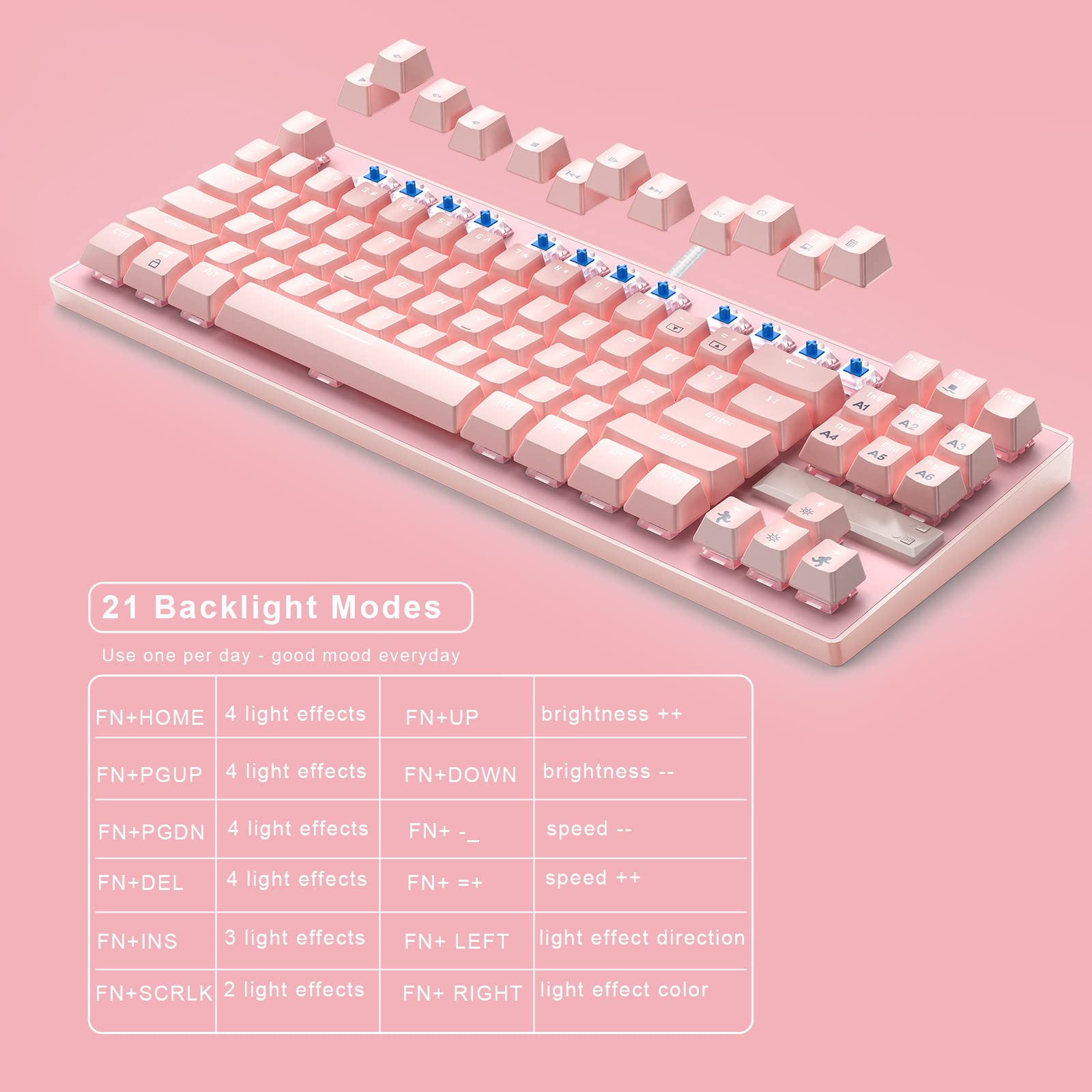Anivia Mechanical Gaming Keyboard, MK1 Wired LED Backlit Keyboard with 87 Keys Compact Computer Keyboard for Mac PC Laptop, Cute Pink Keyboard - Blue Switches