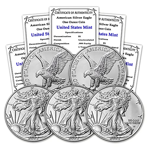 2023 Lot of (5) 1 oz American Silver Eagle Coins Brilliant Uncirculated with Certificates of Authenticity $1 BU
