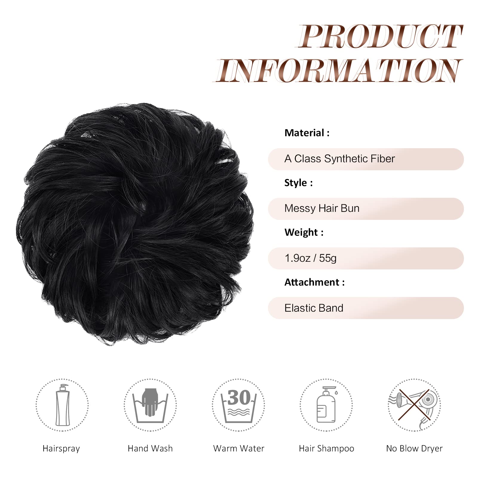 FESHFEN Large Jet Black Synthetic Fiber Messy Bun Hair Piece, 1.94 oz