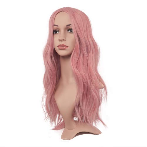 FESHFEN Long Pink Wigs for Women 22 inch Curly Wavy Full Wig Middle Parting Wigs Natural Looking Synthetic Wig Extensions for Daily Cosplay