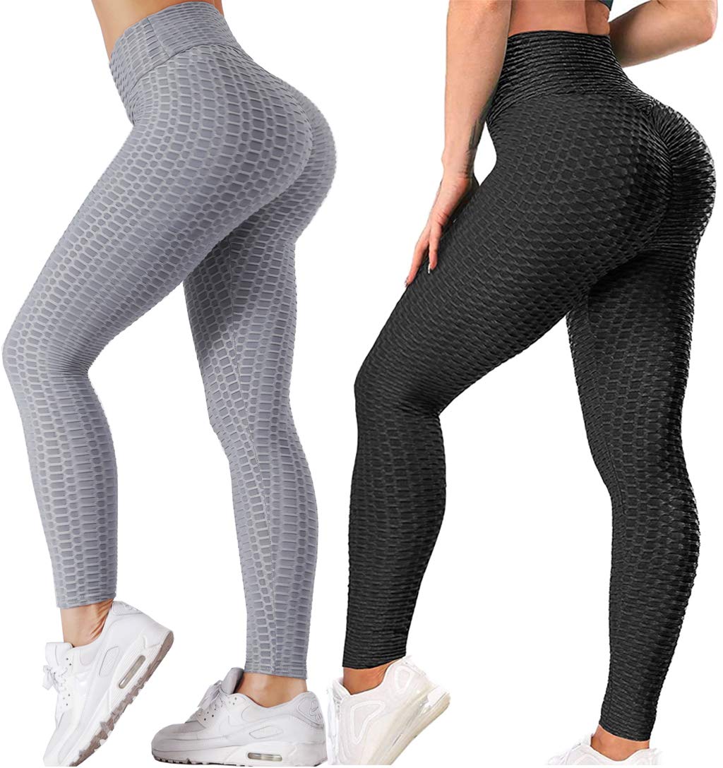2 Pack TIK Tok Tiktok Booty Ruched Scrunch Butt Lift Lifting Anti Cellulite Sexy Leggings(PP-Black+Grey-S)