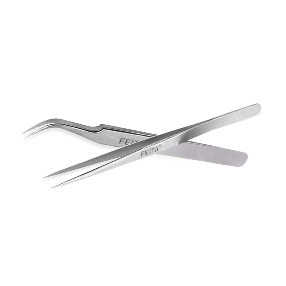 Best Eyelash Extension Tweezer Set - FEITA Pro Straight & Curved Pointy Precision Fine Tip Tweezers for Lash Extensions - Silver - 2Pcs