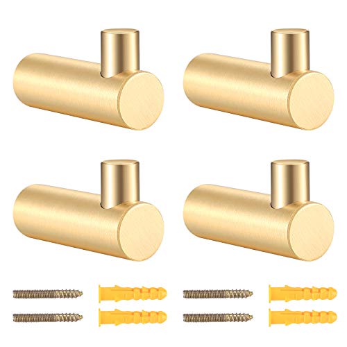 4 Pcs Brass Wall Hooks, Gold Coat Hooks for Wall, Towel Cloth Robe Hangers Hooks Wall Mounted, Brass L-Shaped Heavy Duty Bathroom Kitchen Living Rooms Hat Key Hooks
