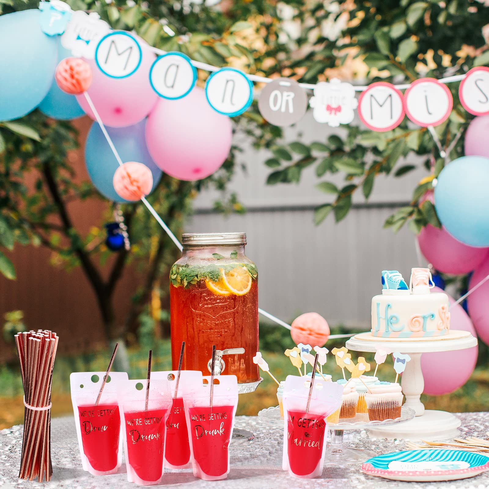 26 Pcs Drink Pouches for Wedding Party with Rose Gold Straw Reclosable Plastic Juice Bags Party Drink Pouch Bag, 17 oz