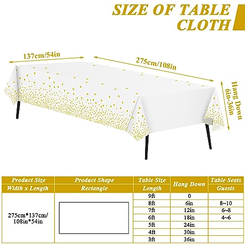 4 Pack Plastic Table Cloth Cover for Parties Disposable, White and Gold Tablecloth for 8 Foot Rectangle Tables, Birthday Wedding Graduation Mather Valentine's Day Easter Party Supplies Decorations