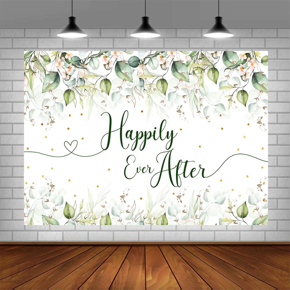 AIBIIN 7x5ft Happily Ever After Backdrop for Wedding Eucalyptus Leaves Gold Dots Photography Background Bridal Shower Wedding Party Decorations Banner Photo Props