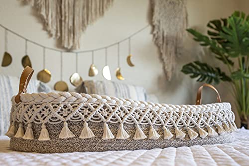 Aumterra Baby Changing Basket with Pad and Safety Straps - Luxury Macrame Design/Baby Moses Baskets/Boho Baby Decor/Baby Shower Gifts/Includes Diaper Caddy, Carry Bag and Waterproof Pad