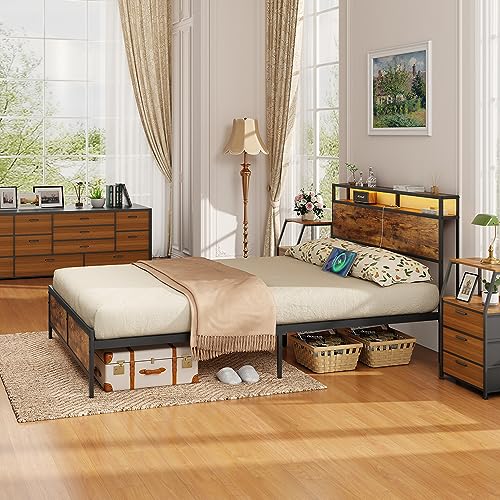 AnwickNomo Queen Size Bed Frame with Built-in LED Lights & USB Ports, Elegant Noise-Free Design, Platform Bed with Storage Headboard, Mattress Base, No Box Spring Required (Queen)