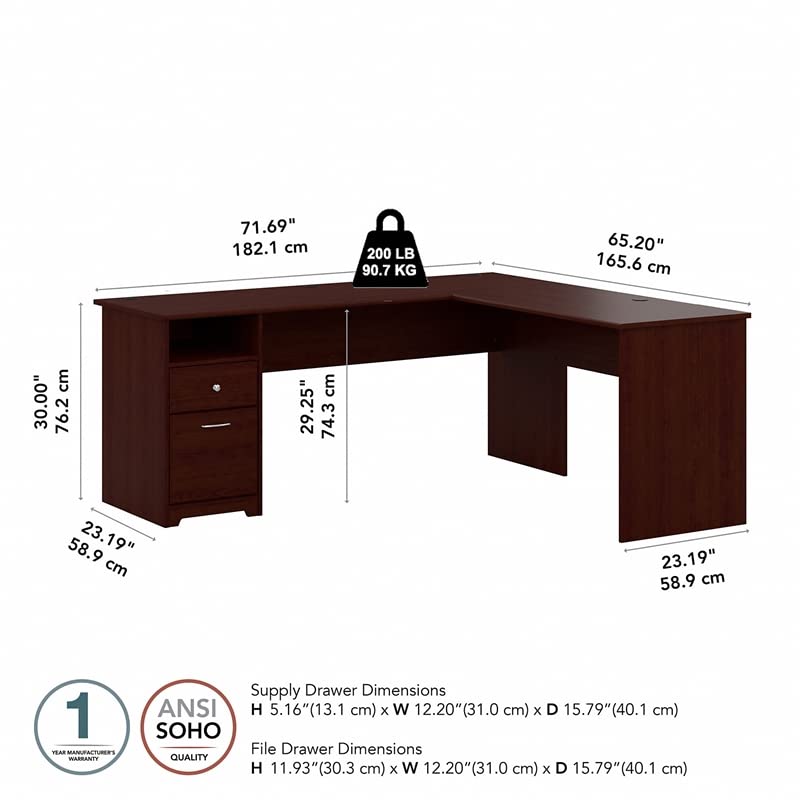Bush Furniture Cabot 72W L Shaped Computer Desk with Drawers in Harvest Cherry