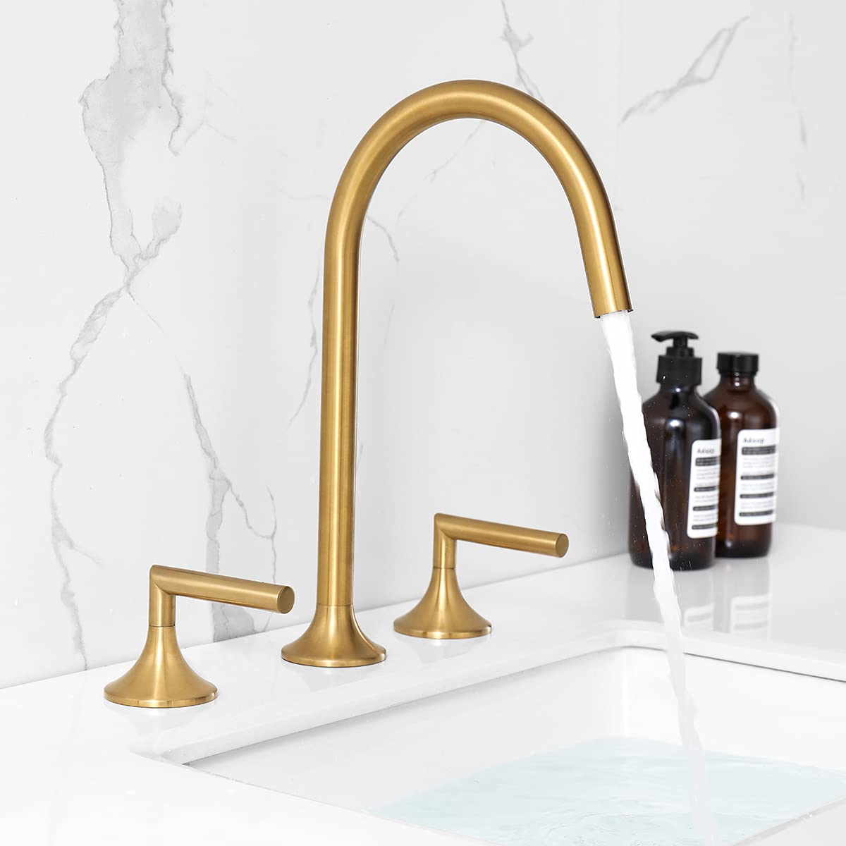 2-Lever Handle 8 Inch Bathroom Sink Faucet with Pop Up Drain Assembly 3 Hole Deck Mounted Come with Water Supply Hoses (Brushed Gold)