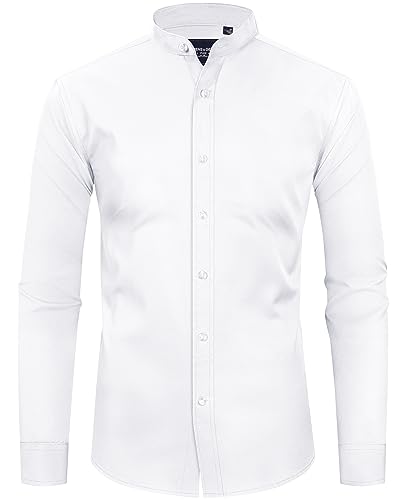 Alimens & Gentle Men's Stretch Mandarin Collar Dress Shirt Long Sleeve Solid Banded Collar Button Down Shirts
