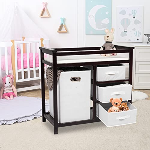 Baby Changing Table - Changing Station with Laundry Hamper, 3 Storage Baskets, and Pad, Multi Storage Nursery Changing Table for Infants or Babies (Dark Brown)