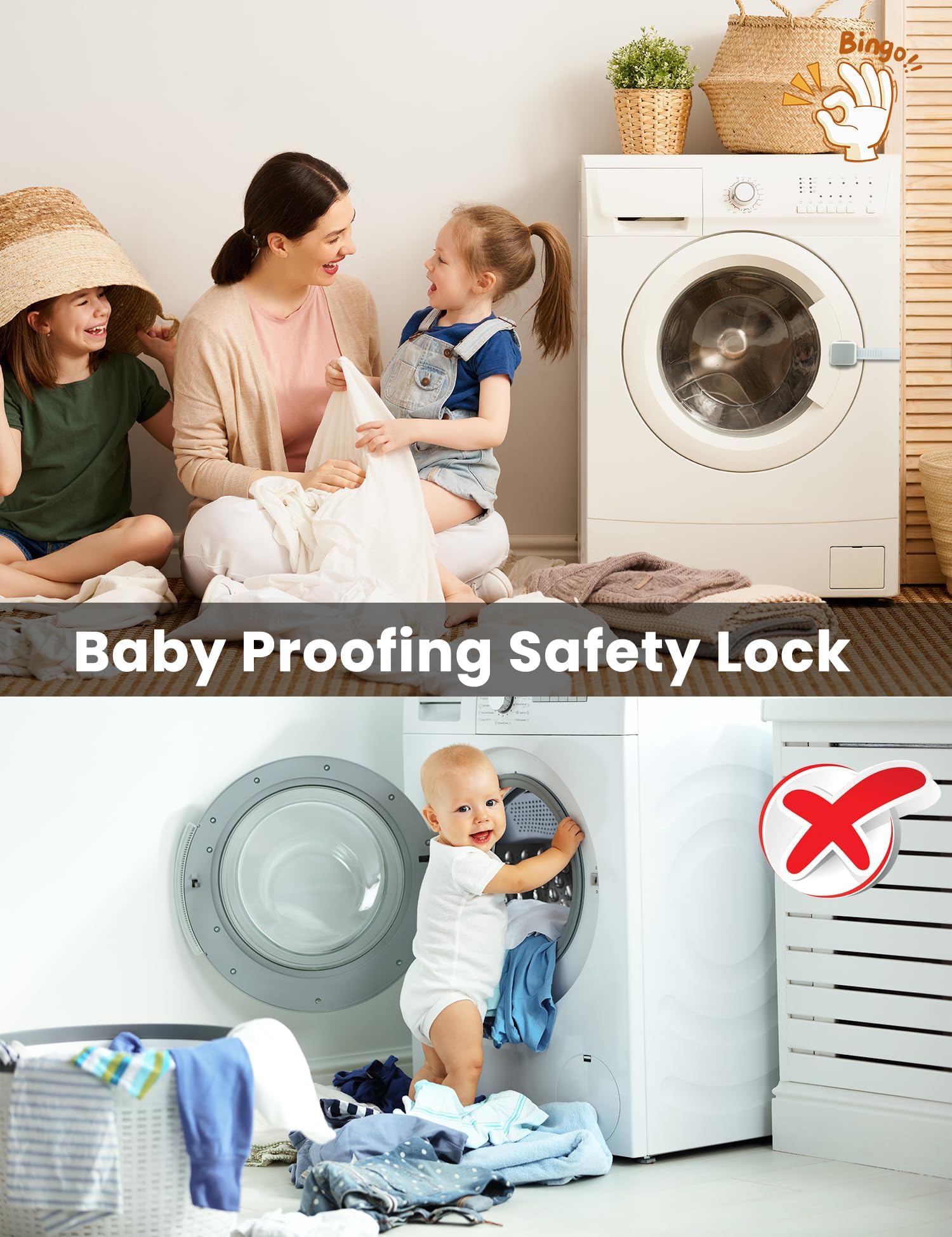 2 Pack Baby Proofing Safety Locks for Cabinet Drawer Fridge Oven Dishwasher Doors, Toilet Seat & Lid, Adjustable Furniture Latches and Straps, 3M Adhesive No Drilling and Button Unlock Design