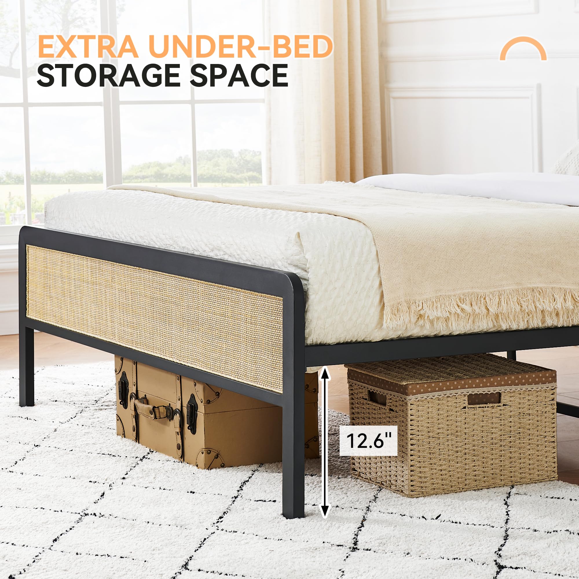 Alkmaar Full Size Metal Bed Frame with Rattan Headboard and Footboard, Platform Bed Frame with Safe Rounded Corners, Under Bed Storage, Strong Metal Slat Support, No Box Spring Needed