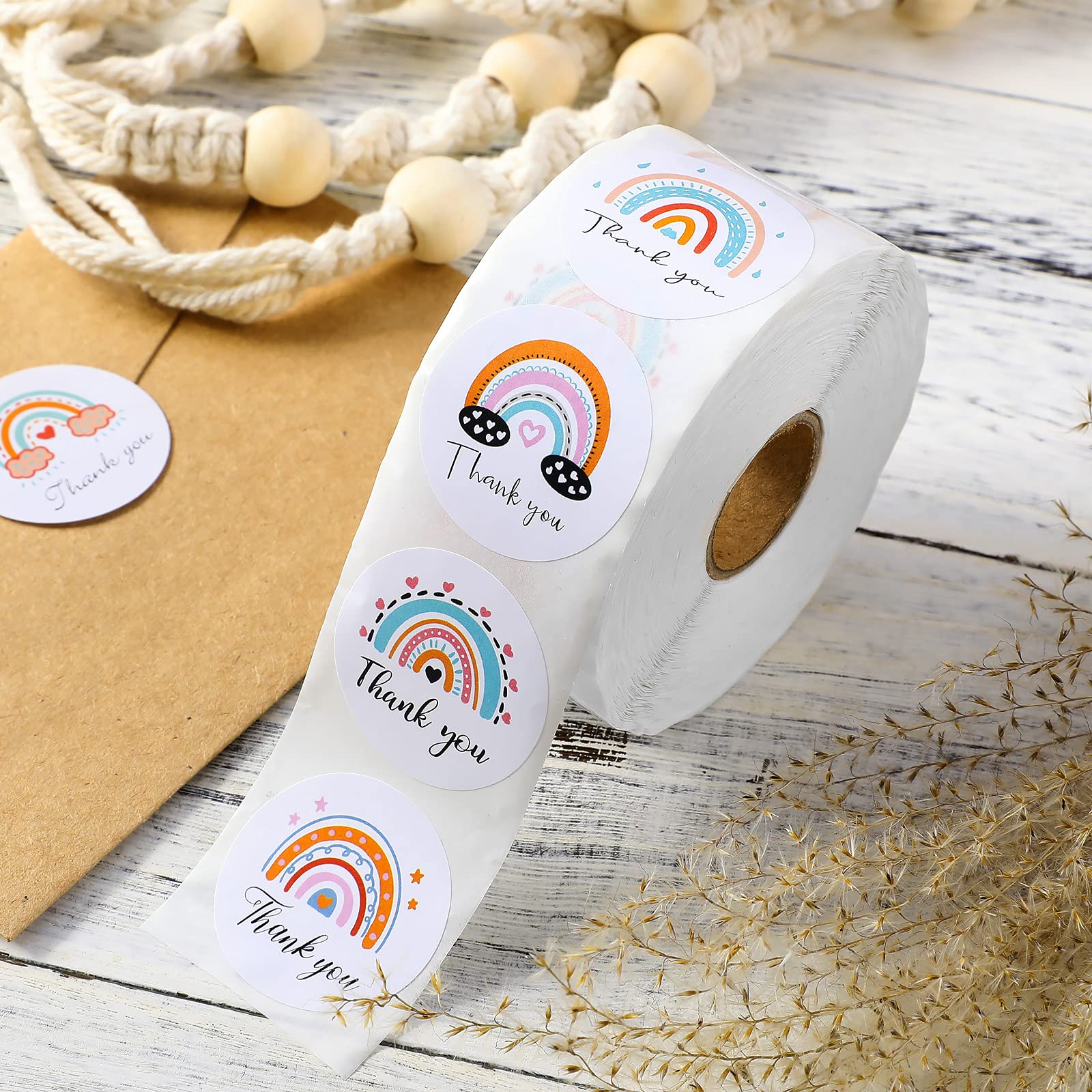 Outus 1000 Pieces Rainbow Thank You Label Stickers 1.5 Inch Round Thanks You Stickers Boho Adhesive Business Label Envelope Seals Rolls for Card Box Packing Gifts Bag, 8 Styles