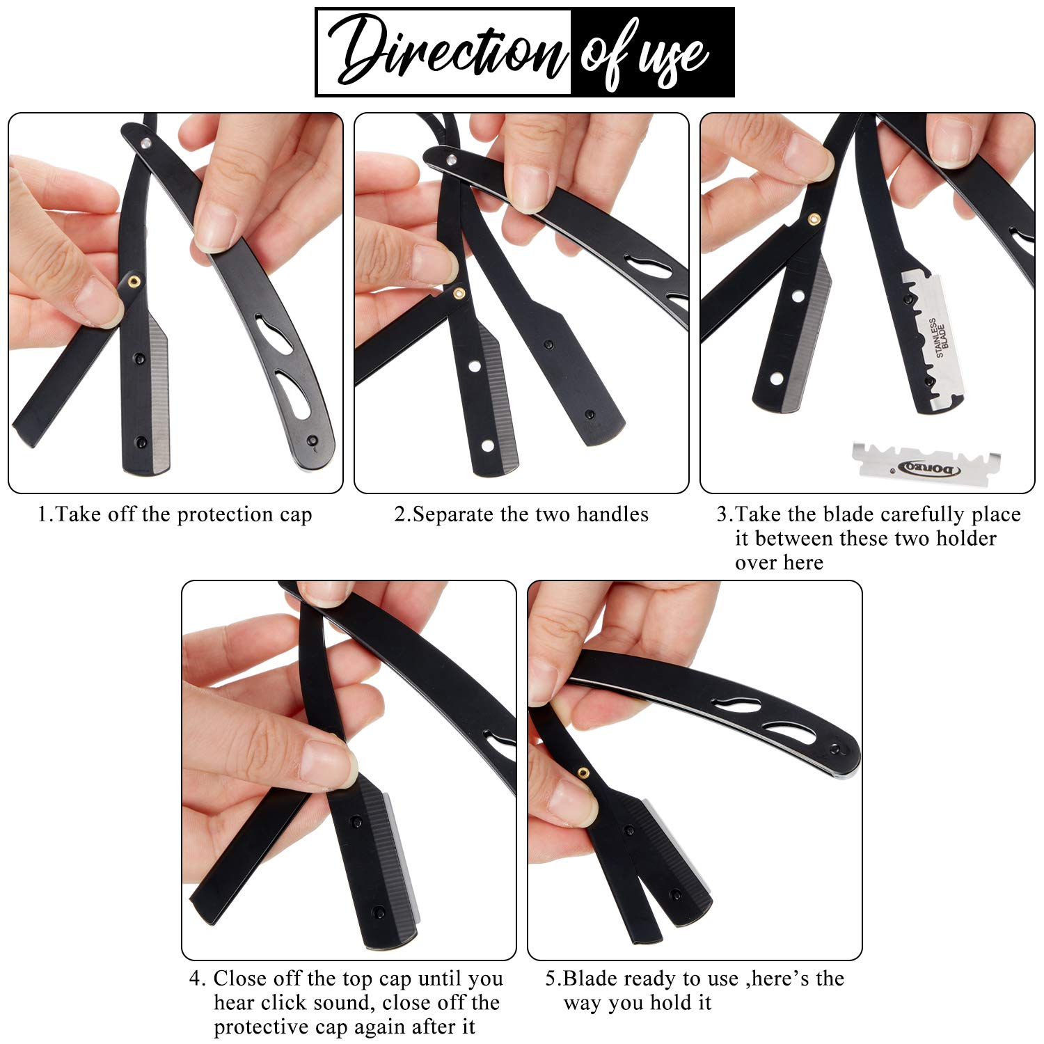 2 Pack Barber Straight Razors Straight Edge Shaving Razors Men Manual Shaver with 100 Pieces Double Edge Blades for Salon Barber, Black and Silvery