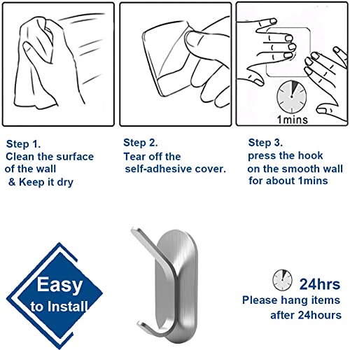 Adhesive Hooks Stick On Hooks - Stainless Steel Waterproof Wall Hangers Heavy Duty Hooks for Hanging Coat/Hat/Towel/Robe/Bathroom Hooks/4 Packs