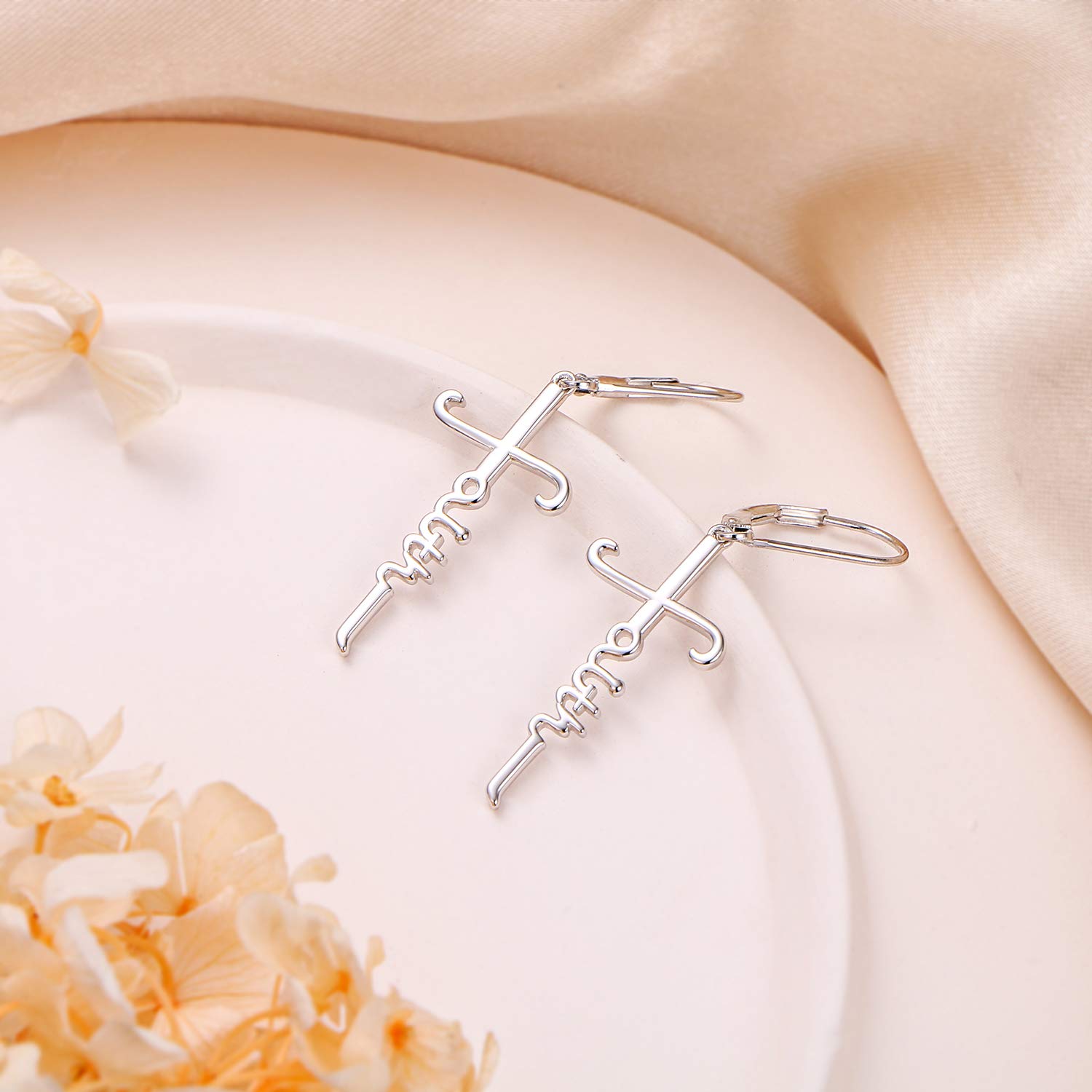 925 Sterling Silver Infinity Love of God Simple Dainty Religious Faith Cross Dangle Fishhook Earrings for Women Christian Easter Jewelry