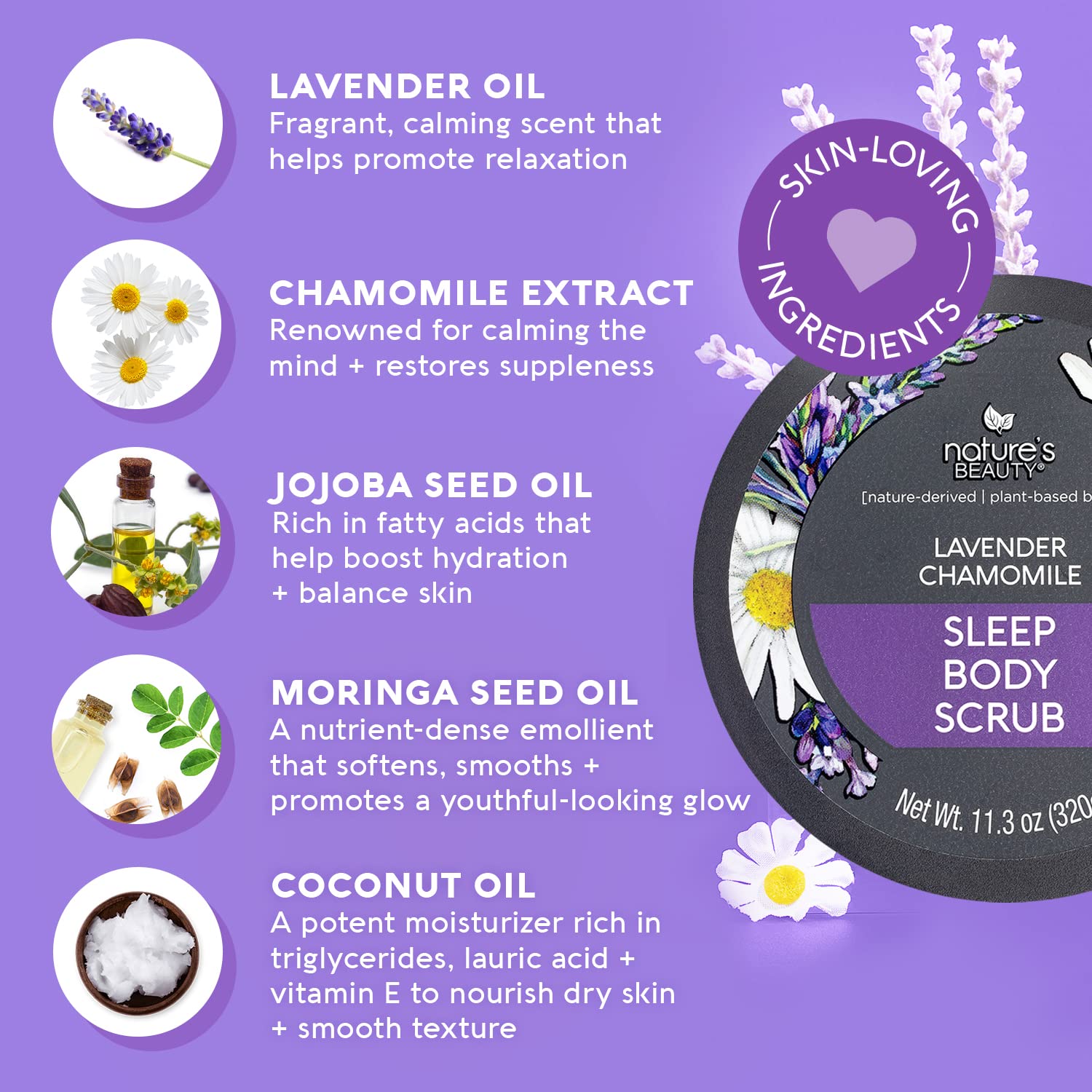 Nature's Beauty Lavender Chamomile Sleep Body Scrub Multi-Pack - Gently Exfoliate, Moisturize & Sooth Combination to Dry Skin, Made w/Coconut, Jojoba + Moringa Seed Oils, 11.3 oz (2 Pack)