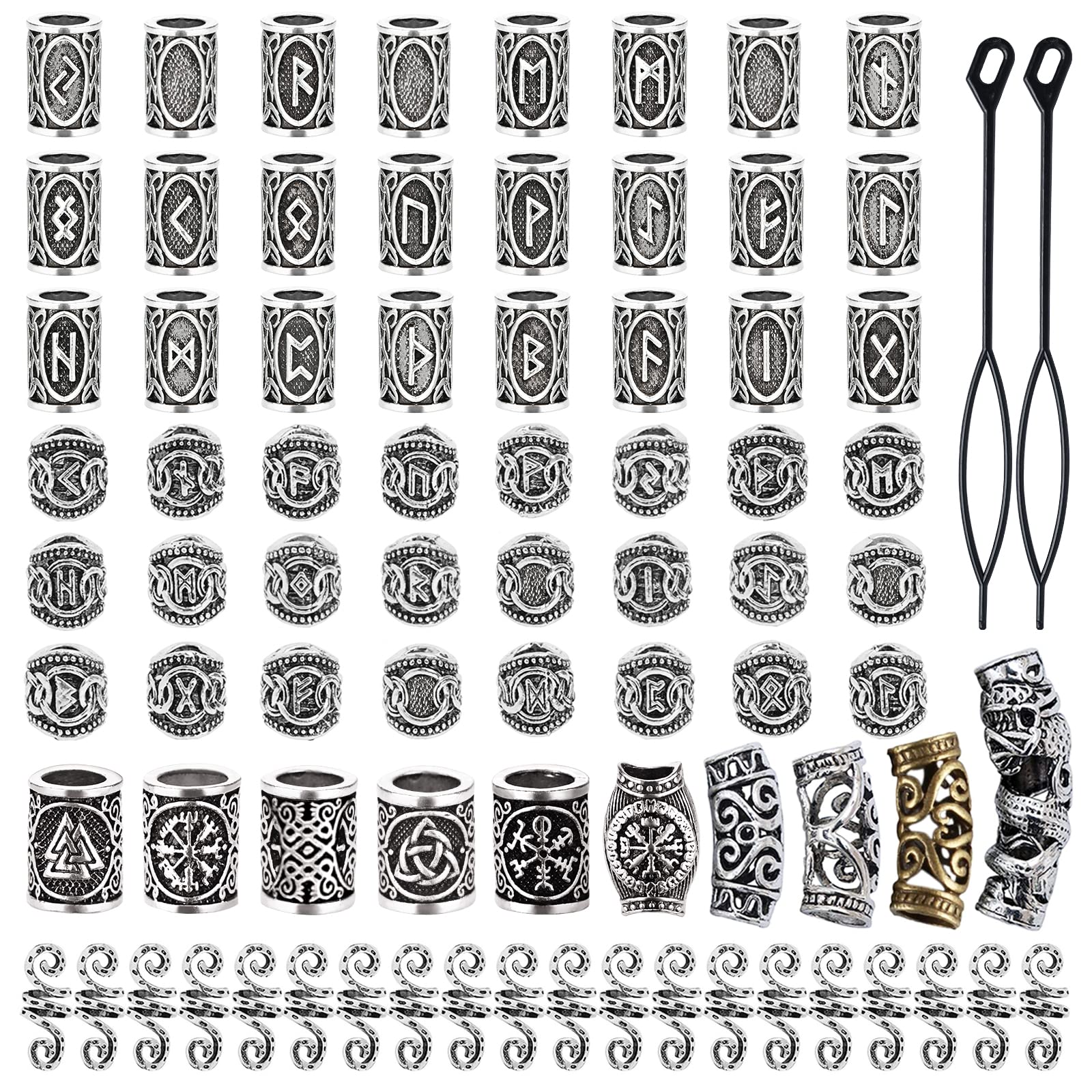 YMHPRIDE 80 Pieces Viking Beard Beads Antique Norse Hair Tube Beads Dreadlocks Beads for Hair Braiding Bracelet Pendant Necklace Silver DIY Jewelry Hair Decoration
