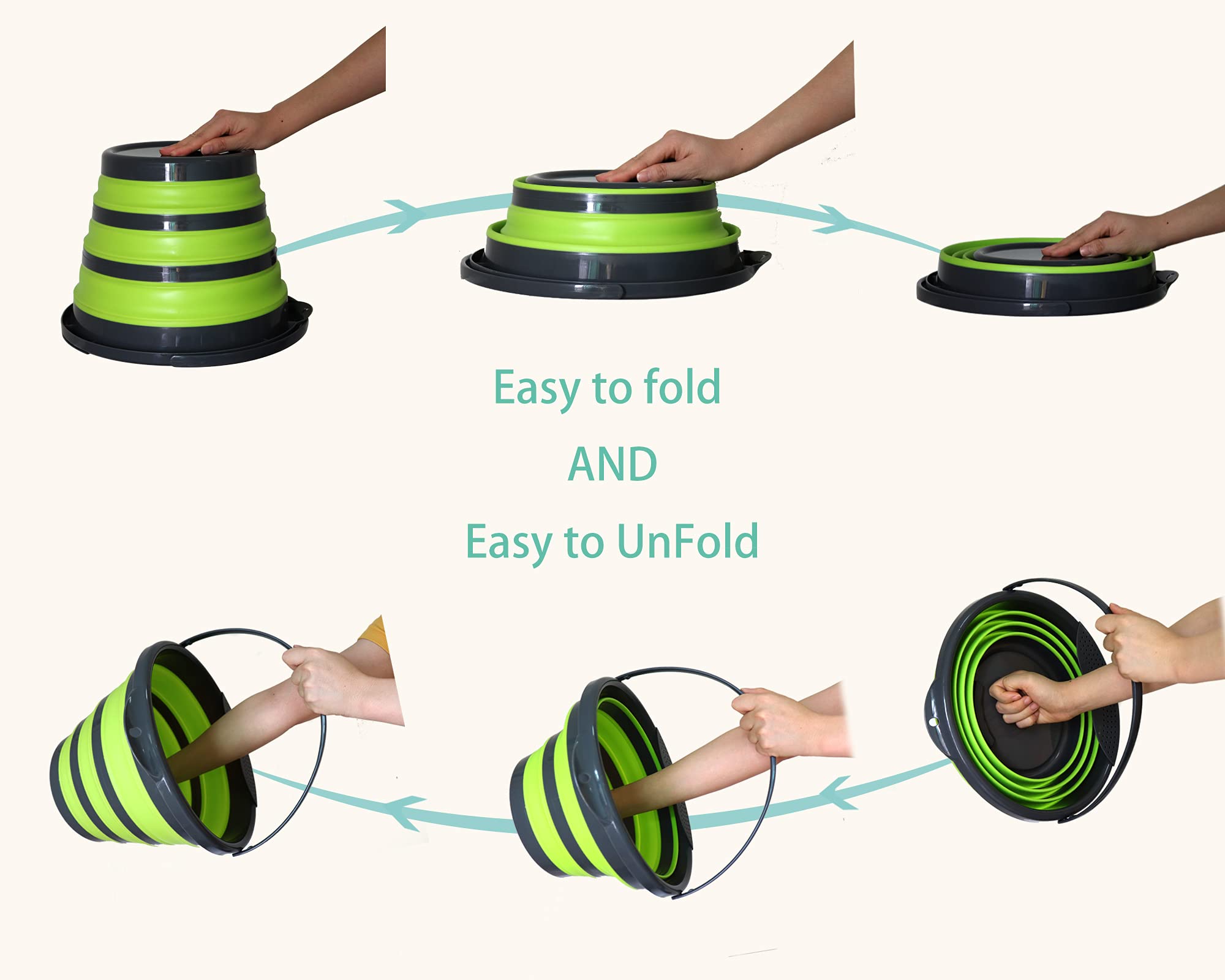 2 Pack Collapsible Bucket w/Removable Filter, 2.6 Gallon (10L) & 1.3 Gallon (5L), Folding Bucket with Handles, Portable, Lightweight, Space Saving Bucket for Camping, Gree