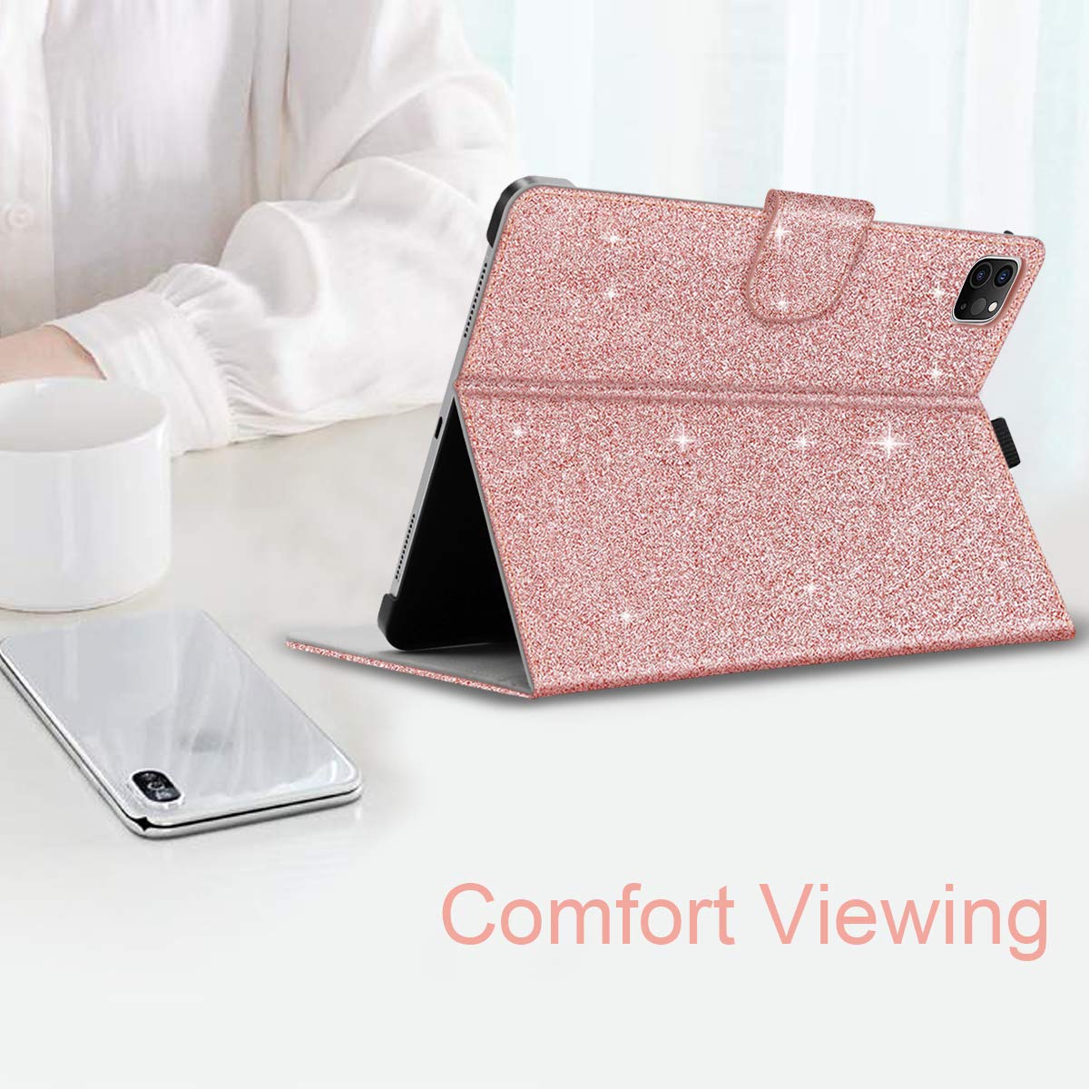 Fingic for iPad Air 11 inch Case 2024,iPad Pro 11 Inch Case 2022/2021/ 2020/2018,iPad Air Case 6th/5th/4th 10.9 Inch(2024/2022/2020)Slim Glitter Sparkle PU Leather Hard PC Stand Smart Cover,Rose Gold