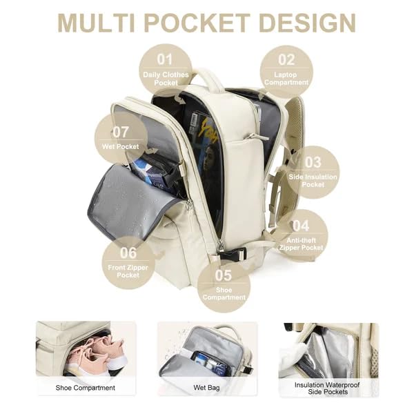 2023 Newest Women's Large Travel Backpack Waterproof Hiking Rucksack, Carry On Backpack Flight Approved, Outdoor Daypack (Beige)