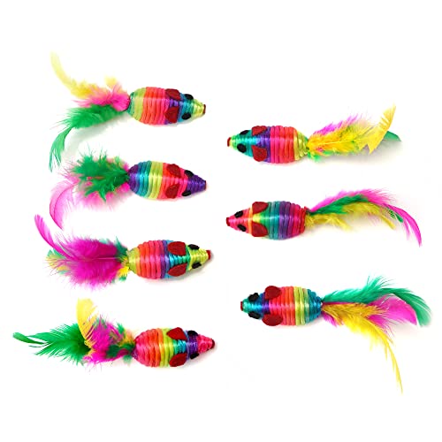 CHIWAVA 24PCS 5" Rattle Cat Toys Mice with Feather Rainbow Rope Mouse Kitten Interactive Toy Assorted Color