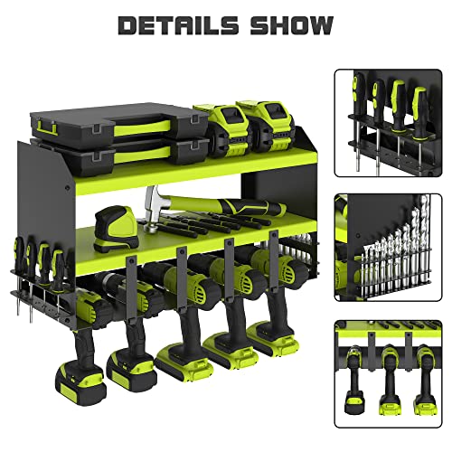 BULL-TECH Power Tool Organizer, 5 Drill Holder Wall Mount with Storage Rack, Cordless Drill Charging Station, Wall Mount Shelf Screwdriver Holder,Premium Garage Storage Organizers(Green)