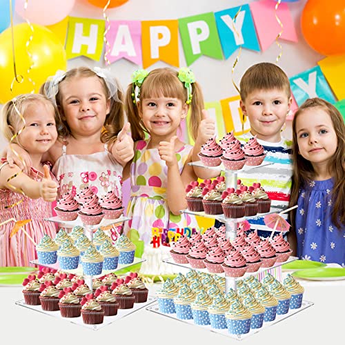 4 Pcs Square Acrylic Cupcake Stand, 4 Tier Cupcake Holder and 3 Tier Cupcake Tower with Yellow LED Light String Cupcake Pastry Display Stand for Wedding Birthday Candy Bar Decor