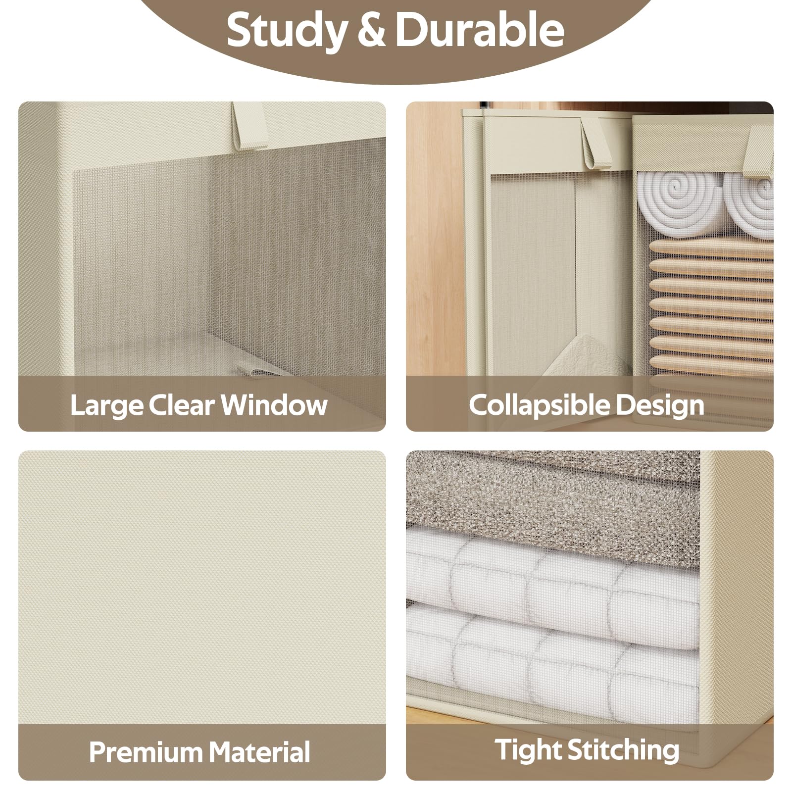 4 Pack 13x13 Storage Cube, Large Cube Storage Bins with Clear Window, Fabric Cube Storage Bins Collapsible Storage Cube Bins for Organizing, Shelves, Toys, Clothes (Beige)