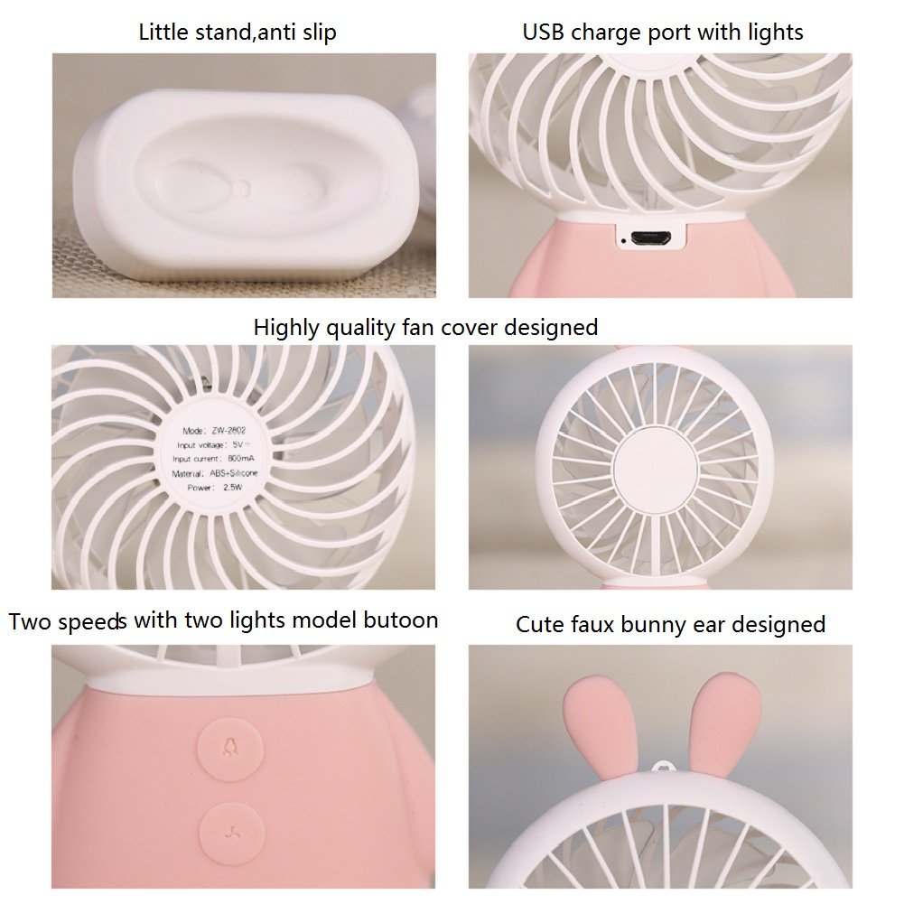 Alibuy Mini Handheld Table Fan USB Rechargeable Quiet Desk Fans,Battery Operated 2 Speeds with LED Colorful Lights for Hot Summer (Pink)