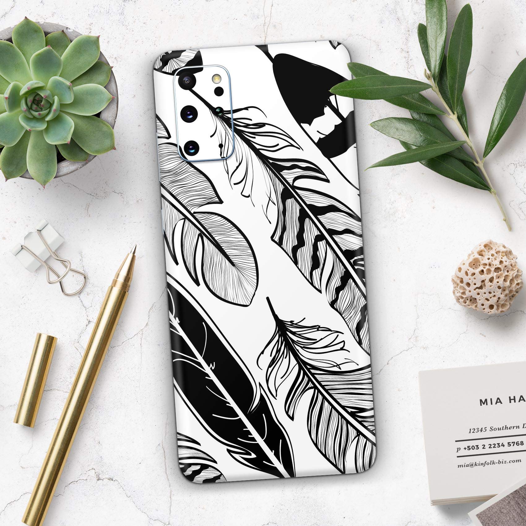 DesignSkinz Vector Black and White Feathers Protective Vinyl Decal Wrap Skin Cover Compatible with The Samsung Galaxy S20 (Screen Trim & Back Glass Skin)