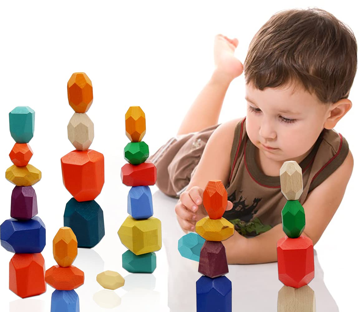 40 PCS Wooden Rocks Balance Stones Building Blocks Set, Colored Wood Balancing Stone Stacking Game, Lightweight Natural Educational Preschool learning Large Small Puzzle Toy for Kids (40PCS-2)