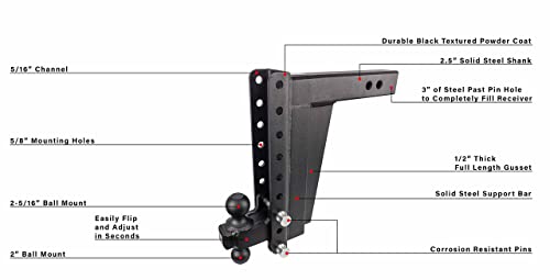 BulletProof Hitches 2.5" Adjustable Extreme Duty (36,000lb Rating) 12" Drop/Rise Trailer Hitch with 2" and 2 5/16" Dual Ball (Black Textured Powder Coat, Solid Steel)