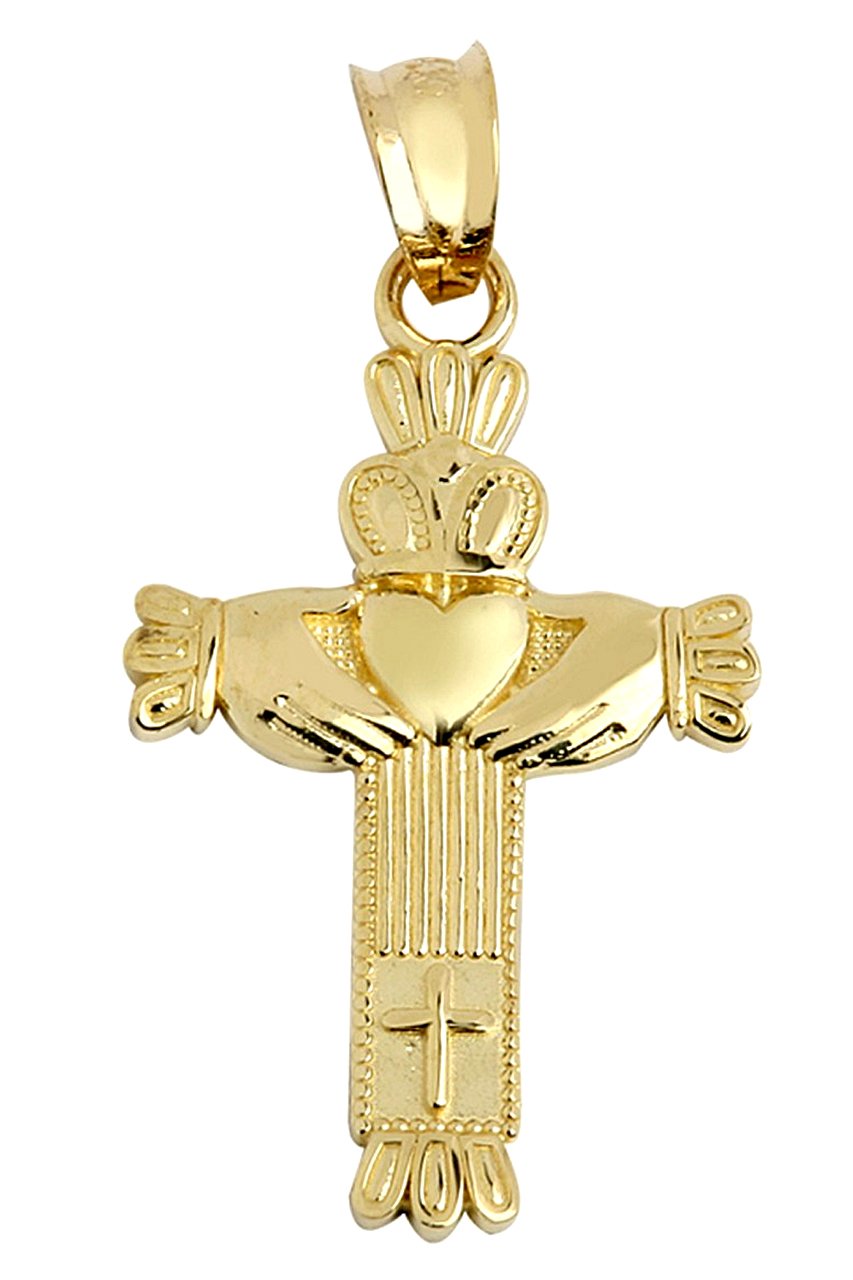 14k Yellow Gold Claddagh Charm Celtic Cross Pendant