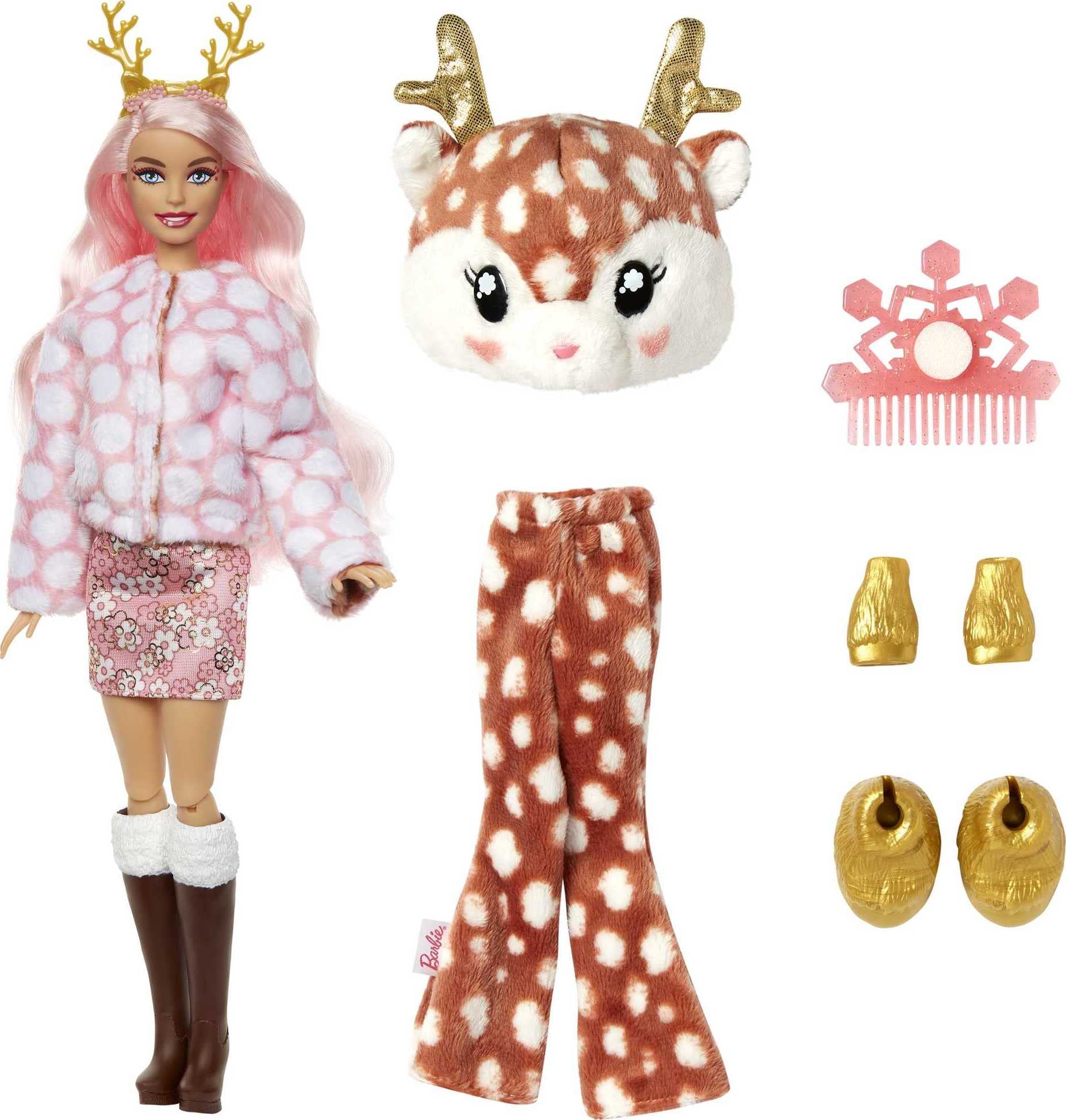 Barbie Cutie Reveal Doll, Snowflake Sparkle Series Deer Plush Costume, 10 Surprises Including Mini Pet & Color Change