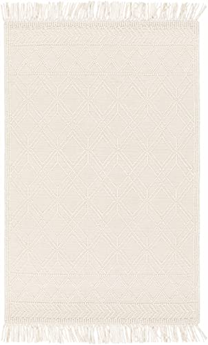 Leonardtown Moroccan Farmhouse Living Room Bedroom Wool Area Rug with Tassel - High Low, Wool - Moroccan Trellis - Hand Woven, Handmade, Beige, Grey, Light Brown - 5' x 7'6"